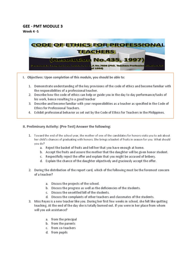 PMT Module 3 Week 4-5 | PDF | Teachers | Value (Ethics)