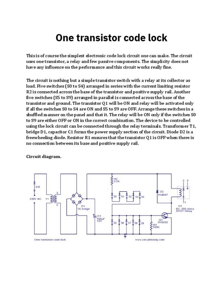 One Transistor Code Lock: Circuit Diagram | PDF
