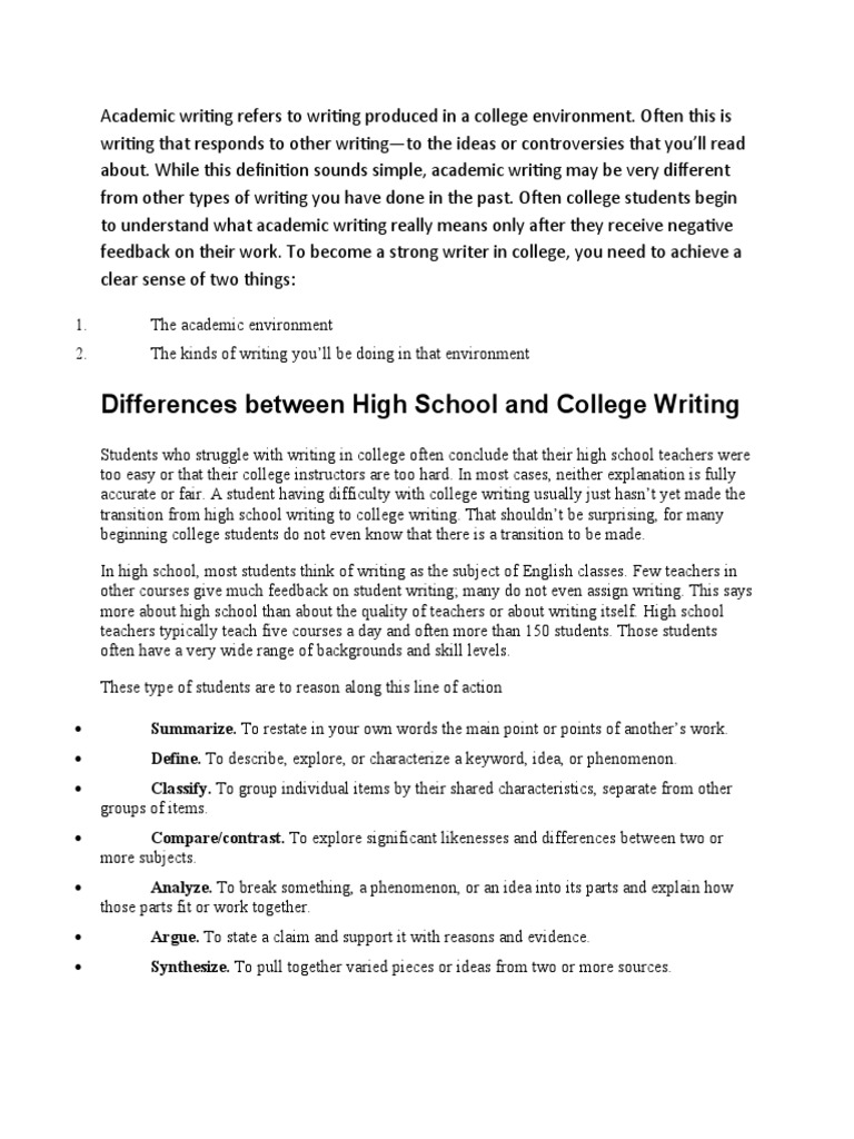 Differences Between High School and College Writing | PDF | Essays ...