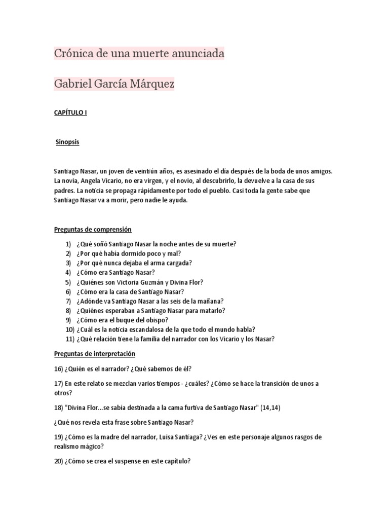 Crónica de Una Muerte Anunciada. Guía | PDF