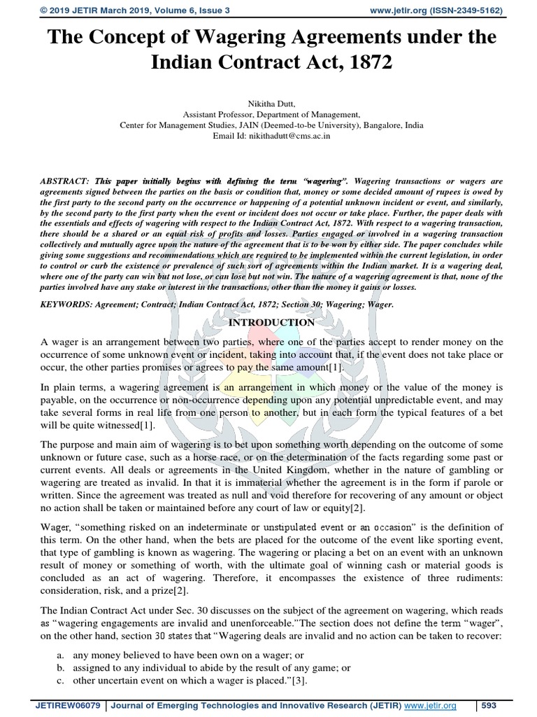The Concept of Wagering Agreements Under The Indian Contract Act, 1872 ...