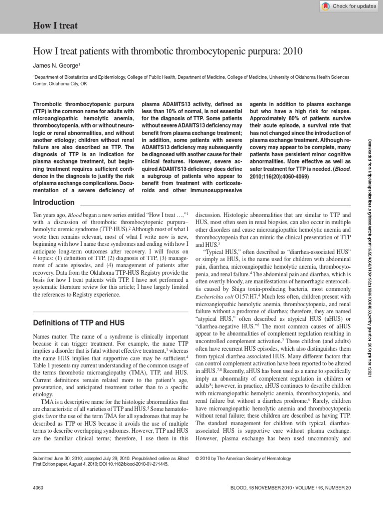 How I Treat TTP | PDF | Medicine | Tissue (Biology)