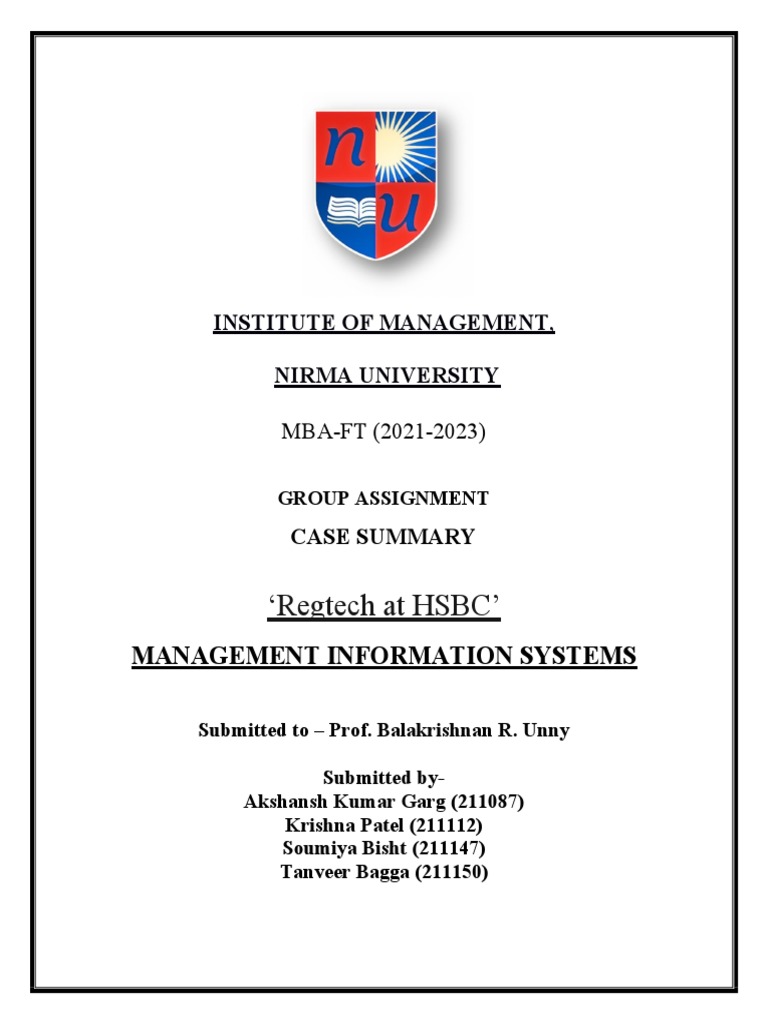 Regtech at HSBC': Institute of Management, Nirma University | PDF ...