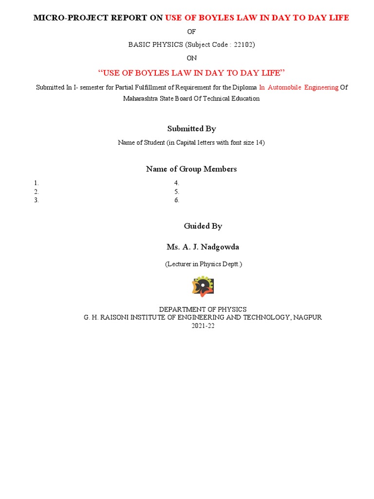 SAMPLE COPY MICRO-PROJECT - FORMAT Boyles Law | PDF | Gases | Physical ...