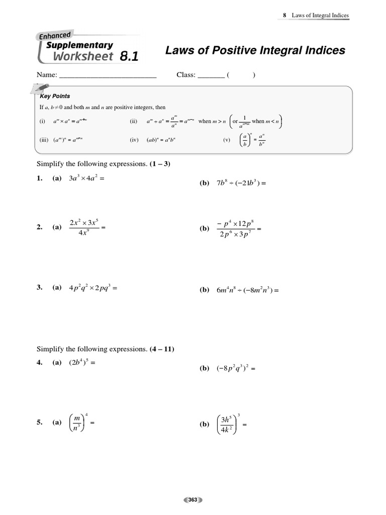 Laws of Positive Integral Indices: Name: - Class | PDF | Numbers
