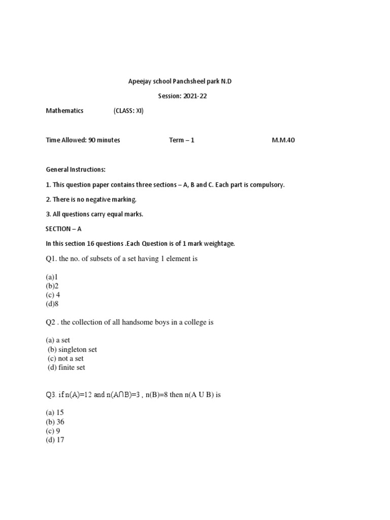Apeejay school Panchsheel park N.D Mathematics Class XI Term - 1 | PDF ...