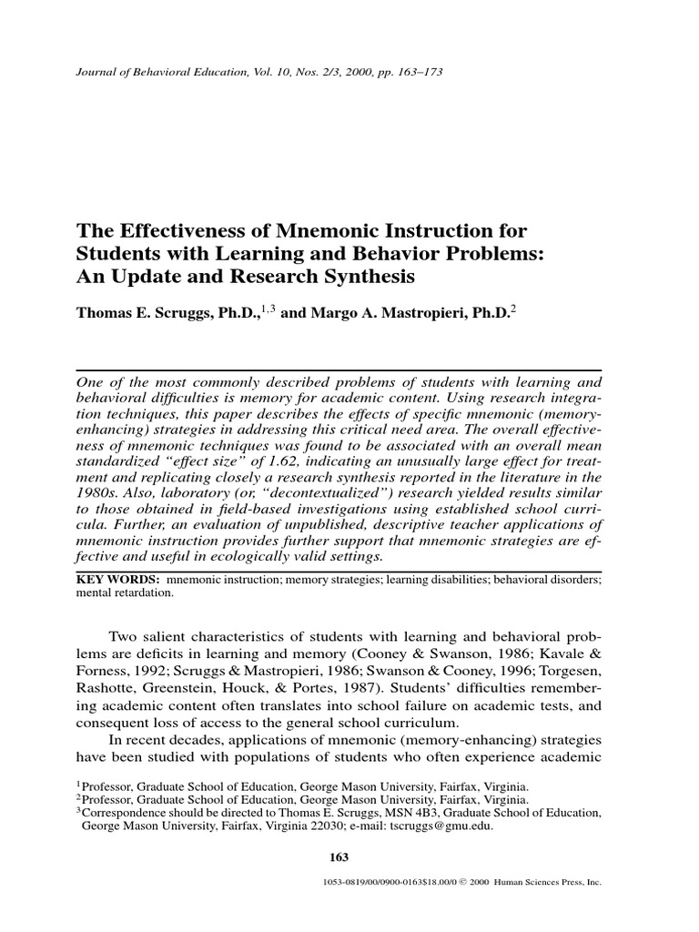 The Effectiveness of Mnemonic Instruction For Students With Learning ...