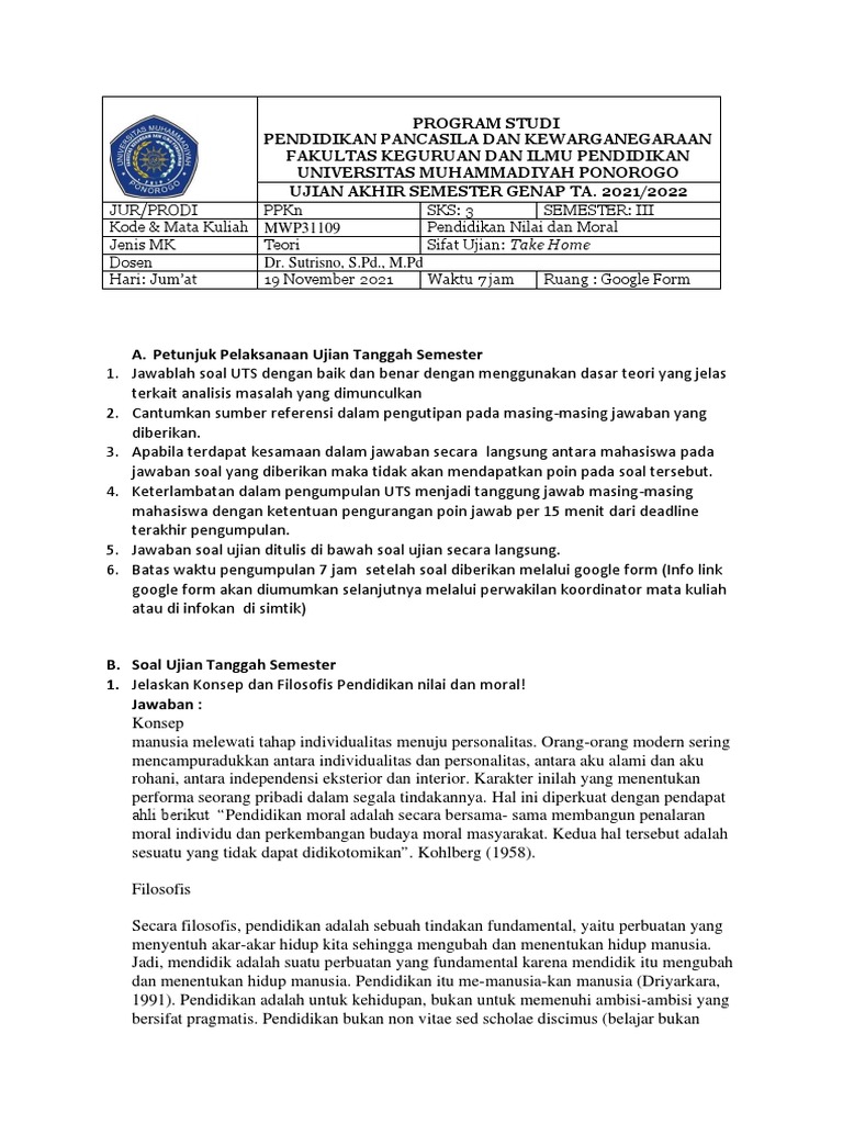 MAS'UD UTS Pendidikan Nilai Dan Moral | PDF