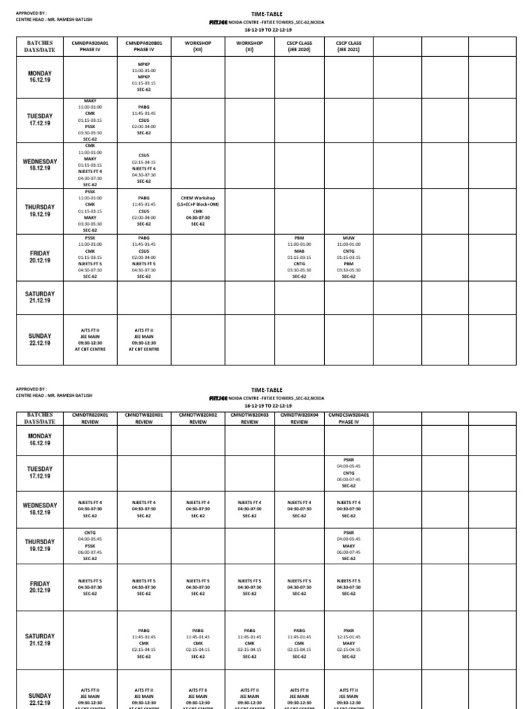 Click Here For Time Table of Fiitjee Tower, Sec-62, Noida | PDF | Workweek And Weekend | Working ...