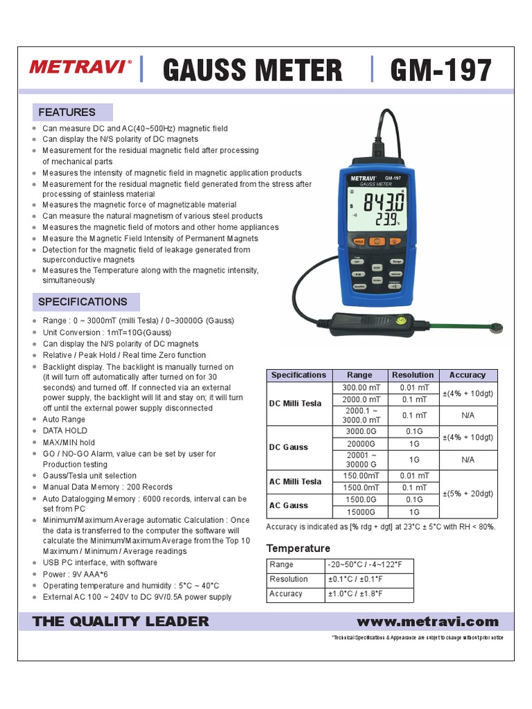 Metravi GM-197 Gauss Meter Catalogue | PDF | Magnetic Field | Power Supply