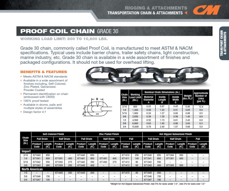 Proof Coil Chain Grade 30: Working Load Limit: 800 To 10,600 Lbs ...