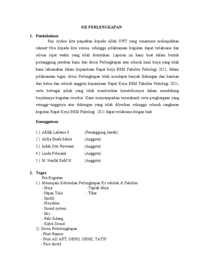 Laporan Perlengkapan Raker BEM | PDF | Karier & Perkembangan | Seni