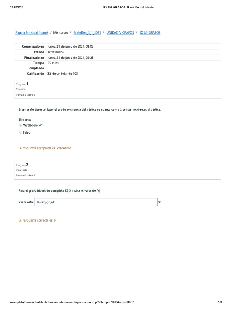 EX U5 GRAFOS - Revisión Del Intento | PDF | Teoría de grafos | Vértice (teoría de grafos)