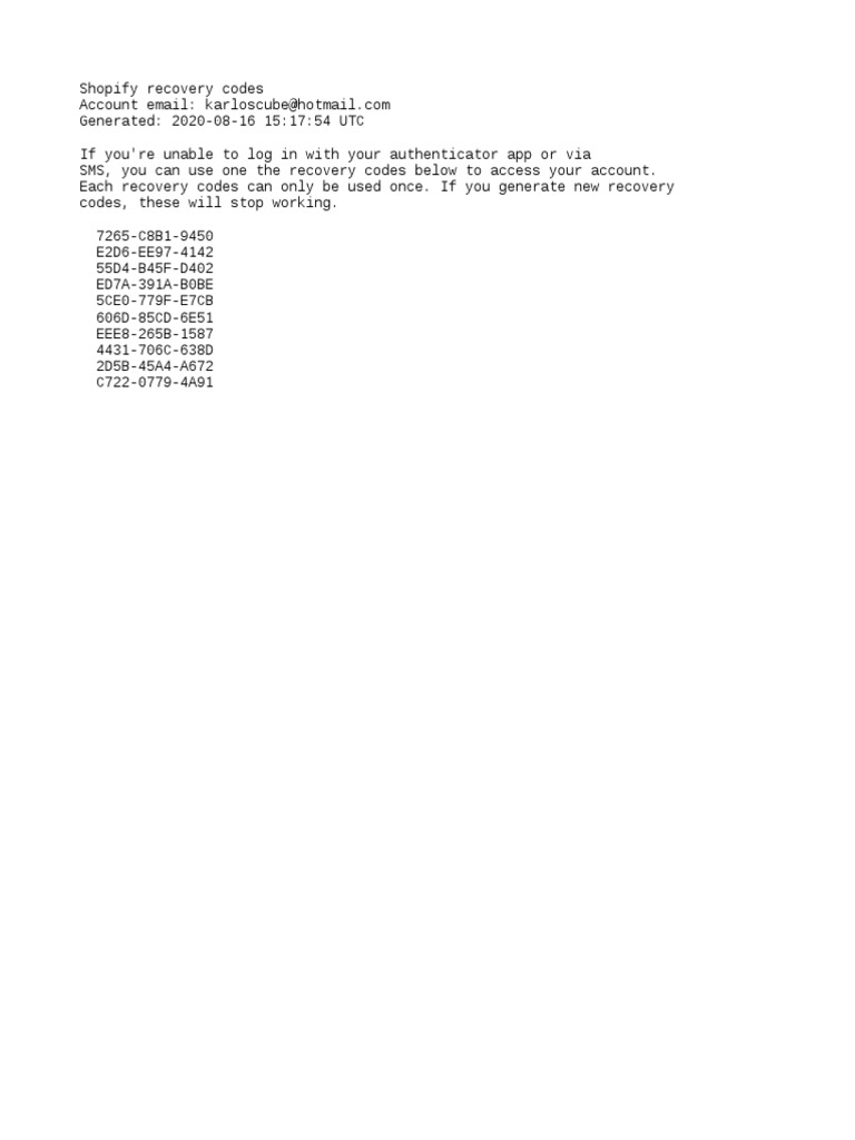 Shopify Recovery Codes | PDF