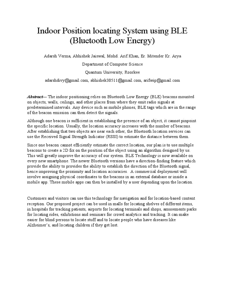 Indoor Position Locating System Using BLE | PDF | Art | Technology ...
