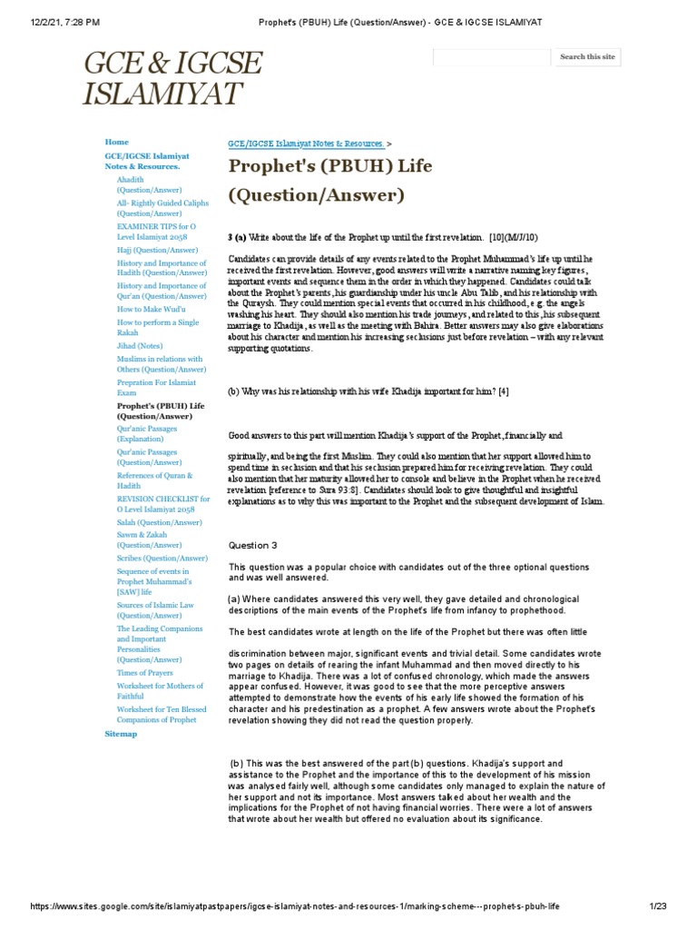 Prophet's (Pbuh) Life (Question - Answer) - Gce & Igcse Islamiyat | PDF ...