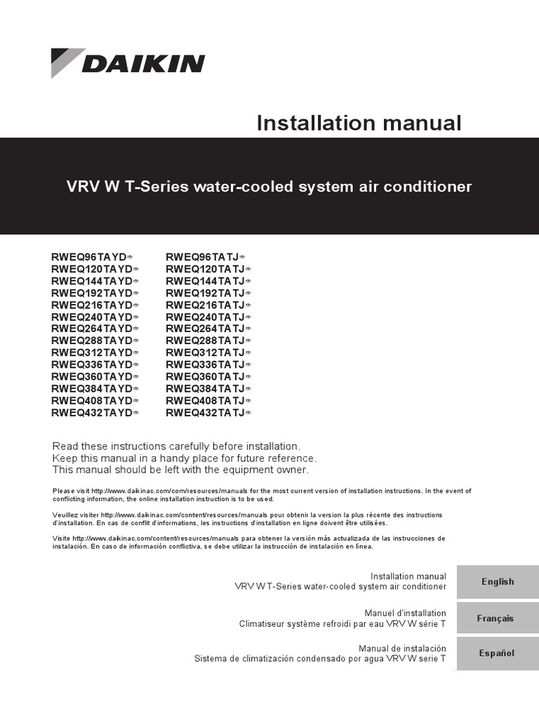 Installation Manual: VRV W T-Series Water-Cooled System Air Conditioner | PDF | Electrical ...