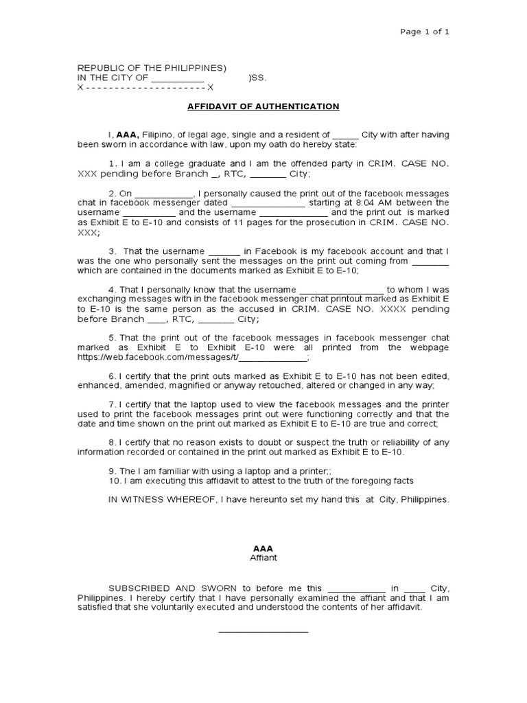 Affidavit of Facebook Message Authentication | PDF | Affidavit | Common Law