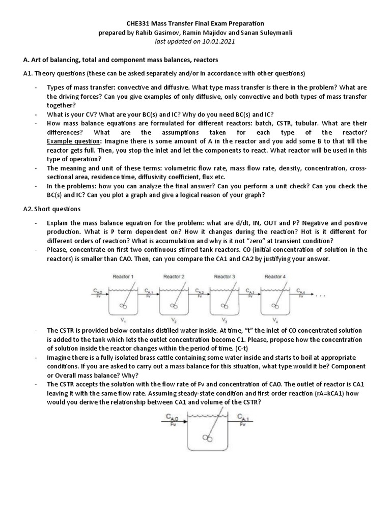 Mass Transfer Exam Prep Guide | PDF | Diffusion | Chemical Reactor