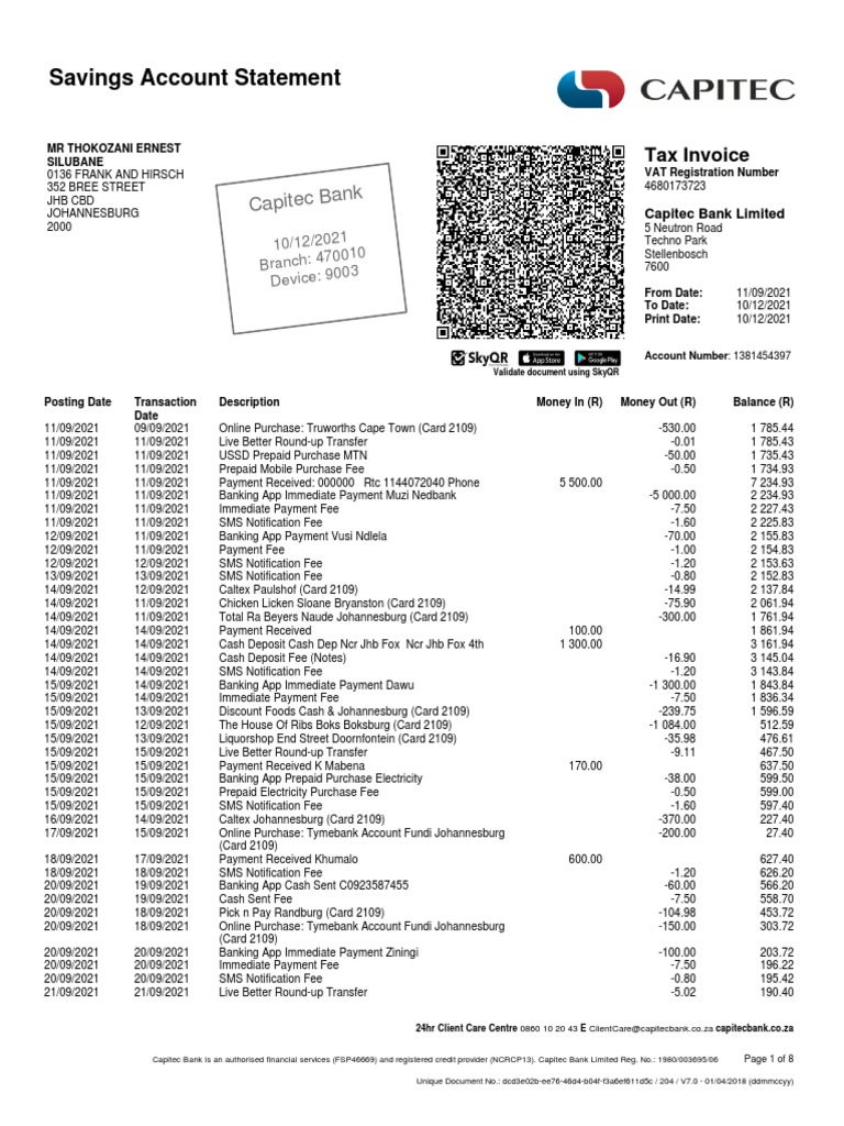 Savings Account Statement: Capitec B Ank | PDF | Stored Value Card | Payments