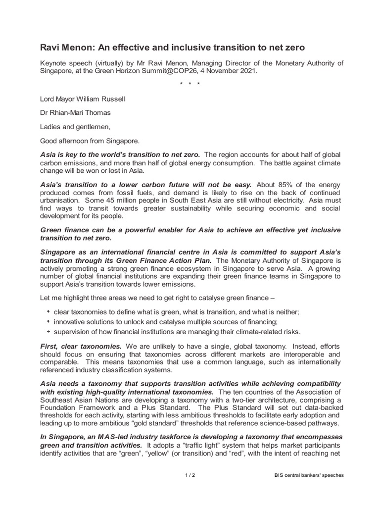 An Effective and Inclusive Transition To Net Zero by Ravi Menon | PDF ...