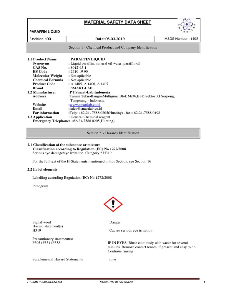 Revision: 00 Date: 05.03.2019: Material Safety Data Sheet Paraffin ...