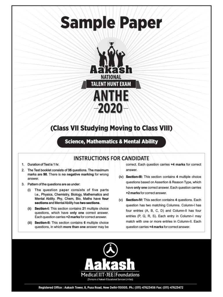 Aakash Sample Paper | Download Free PDF | Multiple Choice | Schools