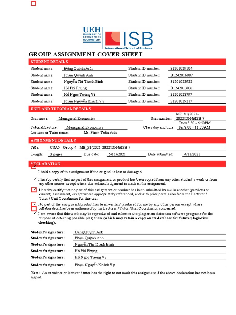 Group Assignment Cover Sheet: Student Details | PDF