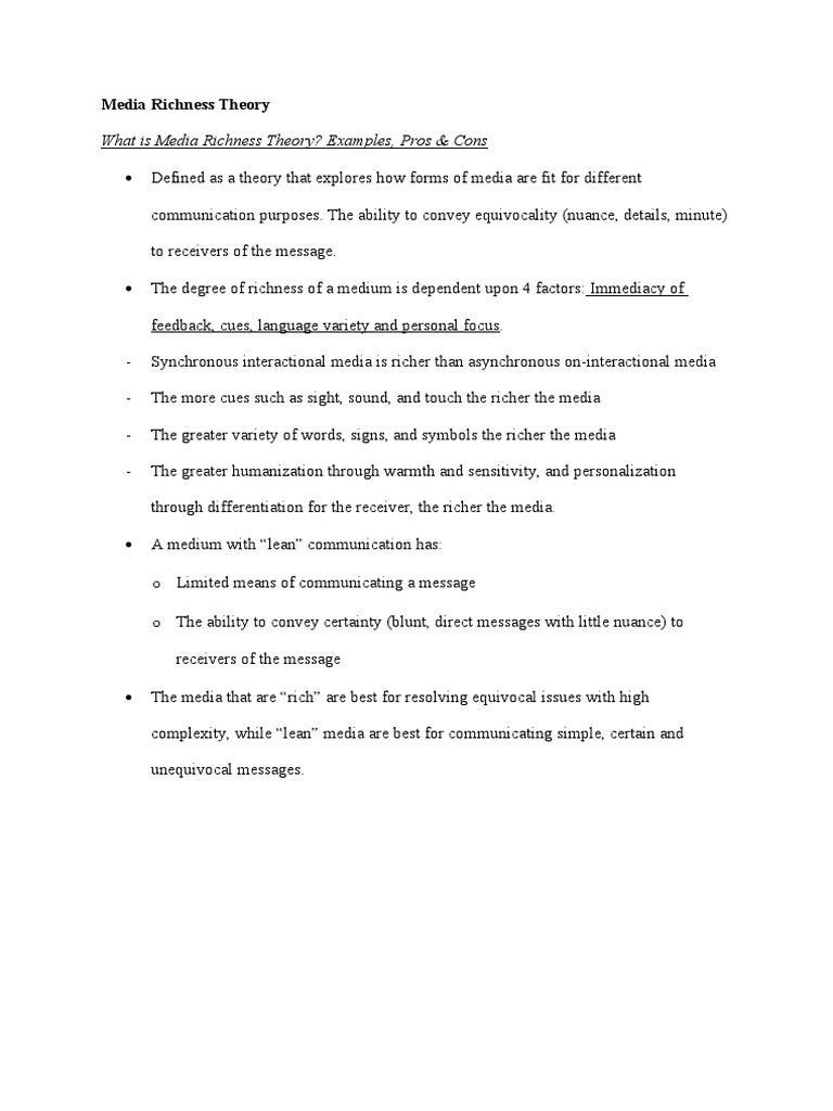 What Is Media Richness Theory? Examples, Pros & Cons | PDF