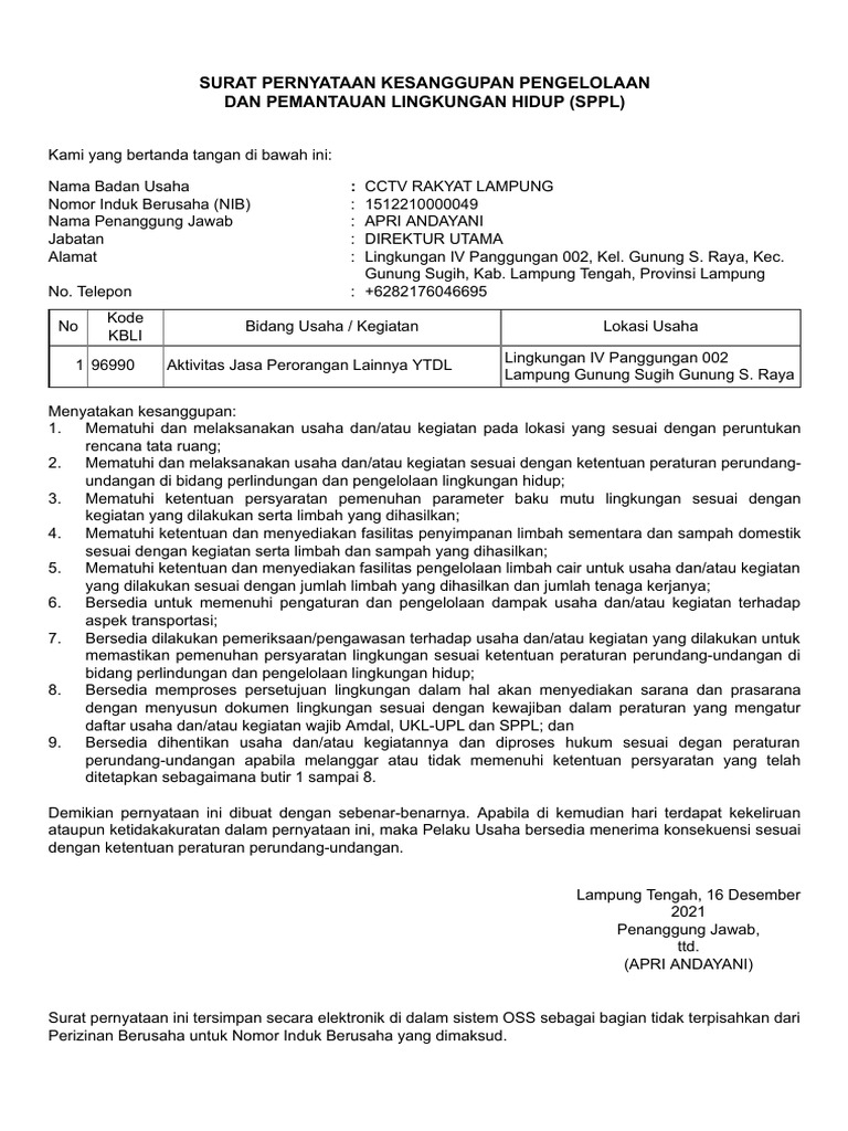 Contoh Surat SPPL Oss Resmi | PDF