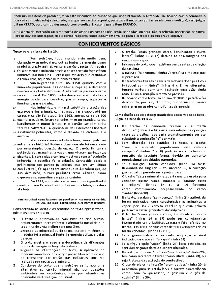 QUADRIX - Cad - Prova - 200 - Assistente Administrativo I - CFT - Processo - Seletivo - 2021 ...