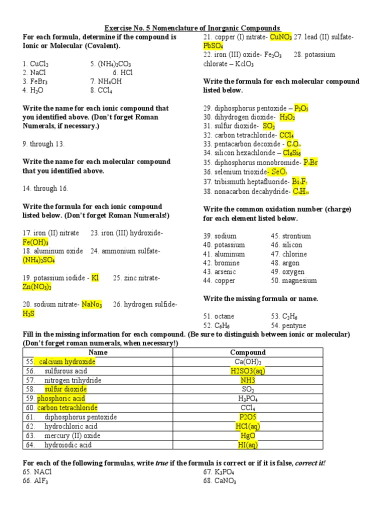 Nomenclature Exercise | PDF | Oxide | Chemistry