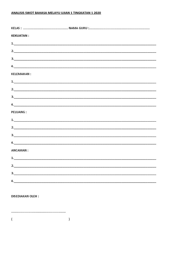 Analisis Swot Bahasa Melayu Ujian 1 Tingkatan 1 2020 | PDF