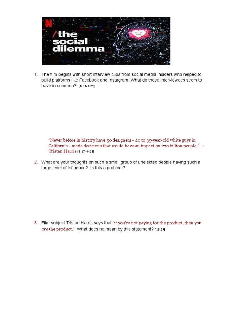 Social Dilemma Film Worksheet | PDF | Social Media | Popular Culture ...