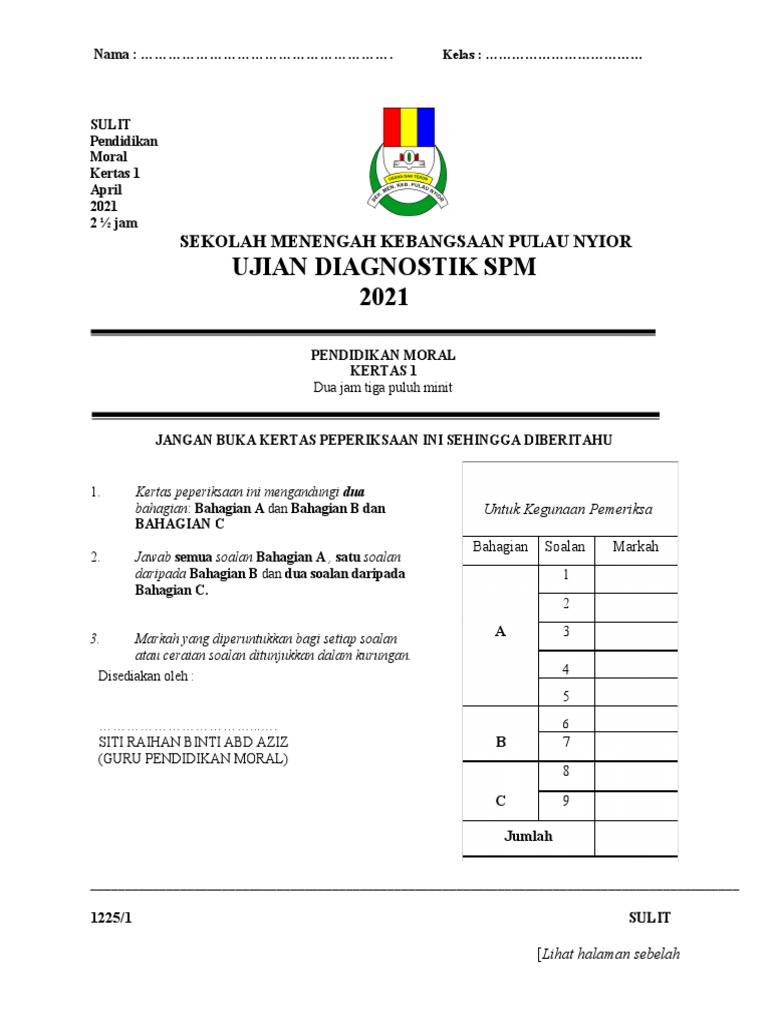 Soalan Pendidikan Moral Ujian Diagnostik SPM 2021 | PDF