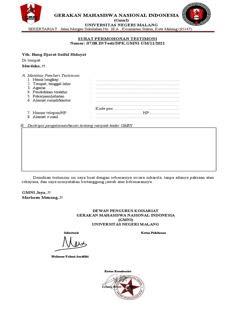 Surat Permohonan Testimoni | PDF