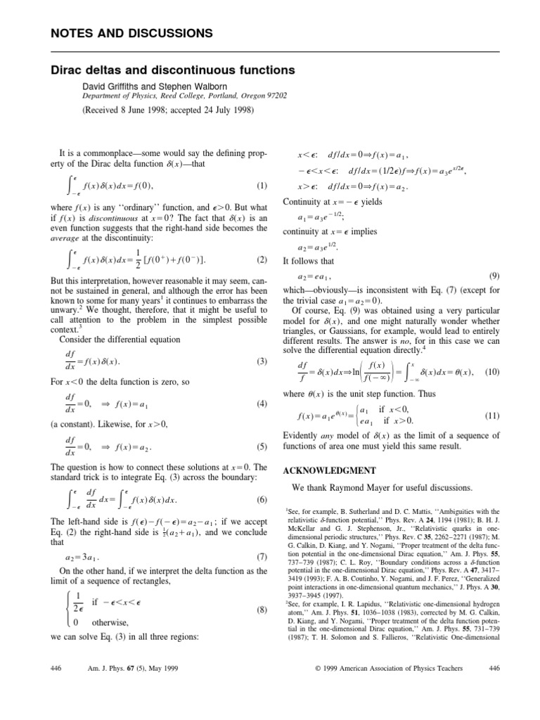 Dirac Deltas and Discontinuous Functions | PDF | Magnetic Field | Field ...