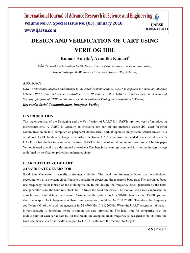 Design and Verification of Uart Using Verilog HDL: Kumari Amrita, Avantika Kumari | Download ...