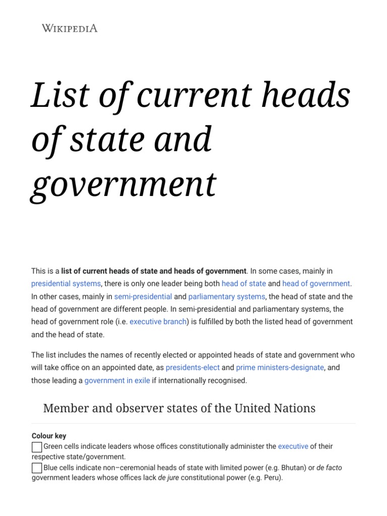 List of Current Heads of State and Government - Wikipedia | PDF | Heads ...