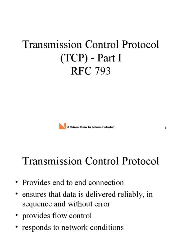 Transmission Control Protocol (TCP) - Part I RFC 793: National Centre For Software Technology ...