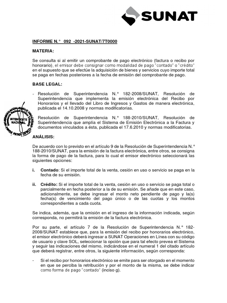 INFORME N.° 092 - 2021-SUNAT/7T0000 Materia | PDF