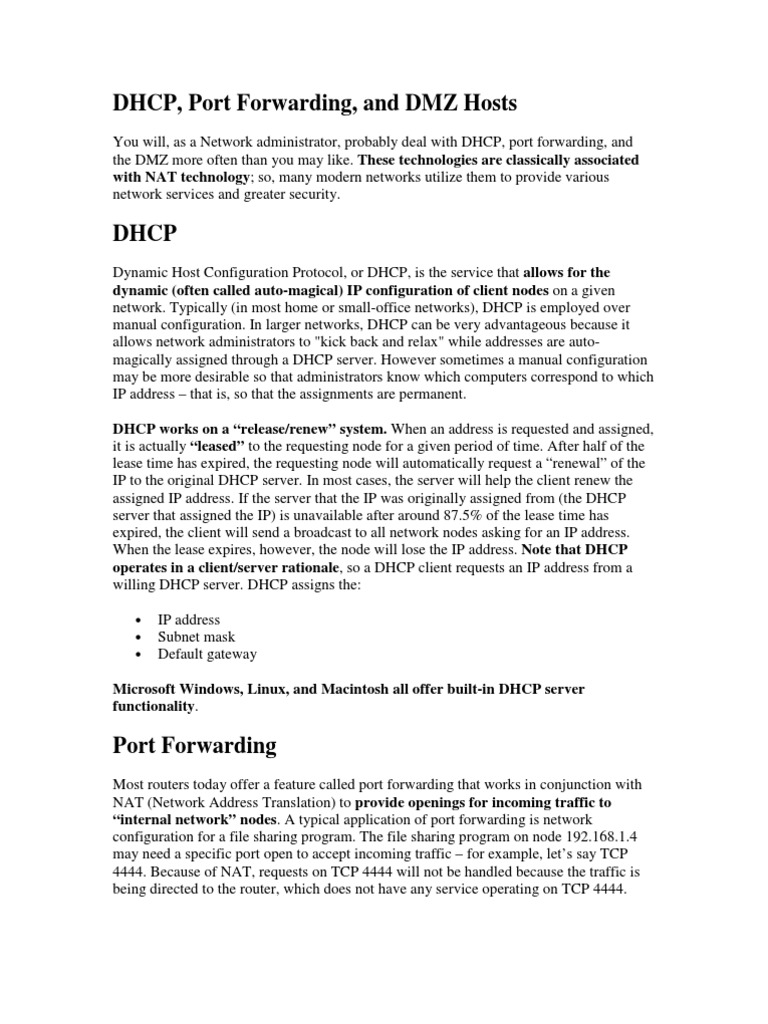 DHCP, Port Forwarding, and DMZ Hosts | PDF | Ip Address | Port (Computer Networking)