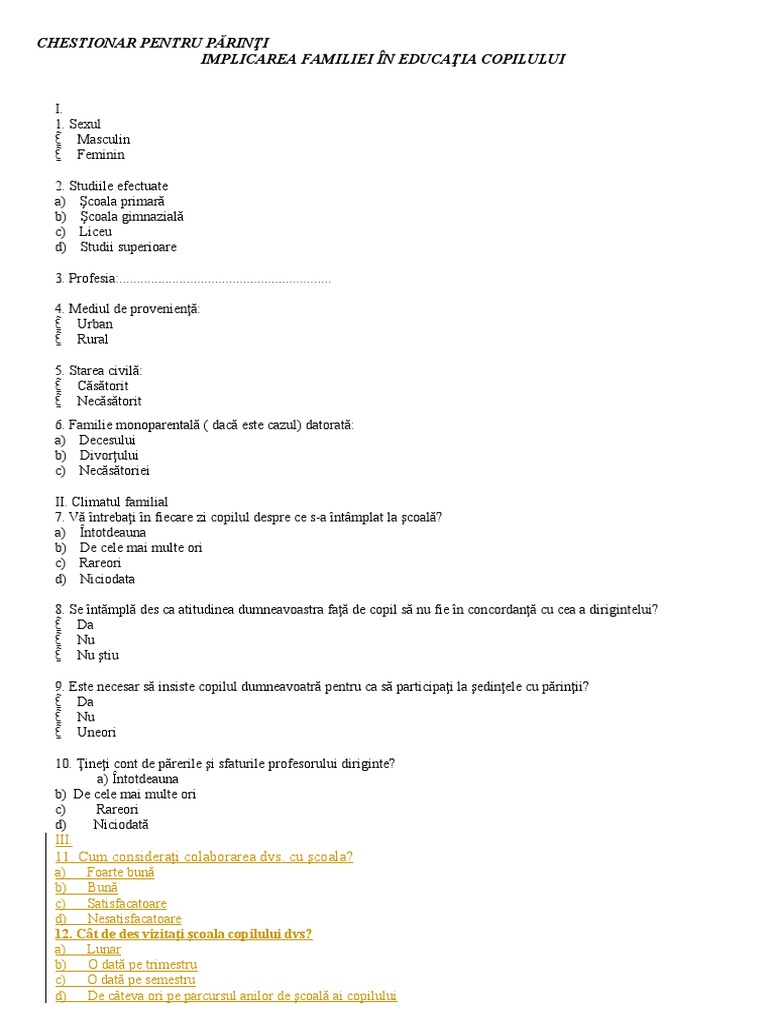 Chestionar Pentru Parinti Implicarea Fam | PDF