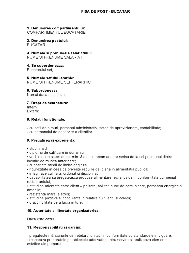 Fisa de Post Bucatar