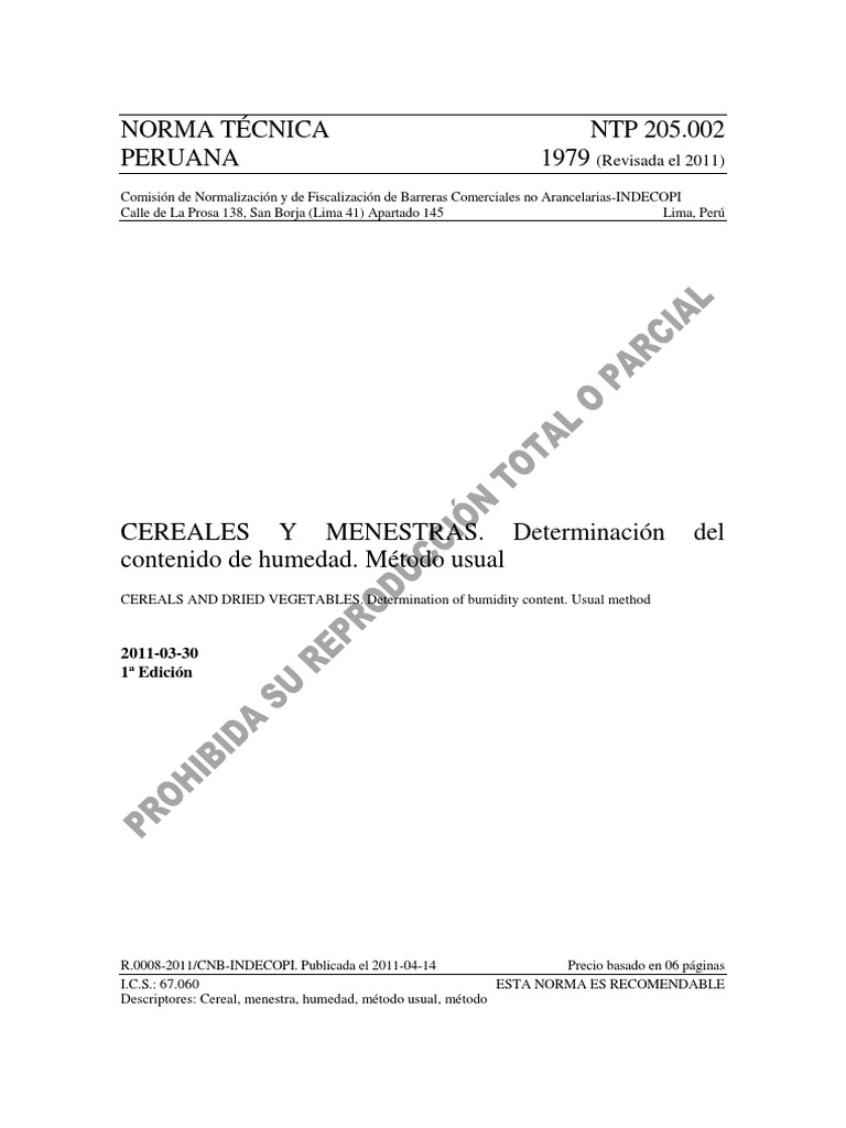 Norma Técnica NTP 205.002 Peruana 1979: (Revisada El 2011) | PDF | Perú | Química