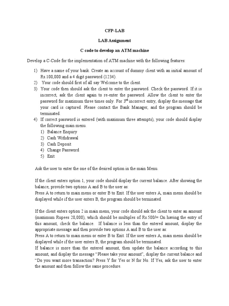 Cfp-Lab LAB Assignment C Code To Develop An ATM Machine | PDF ...