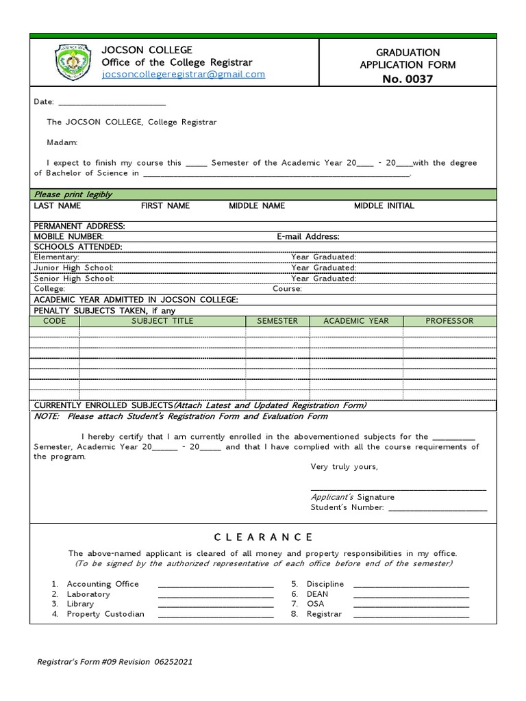 Jocson College Office of The College Registrar Graduation Application ...