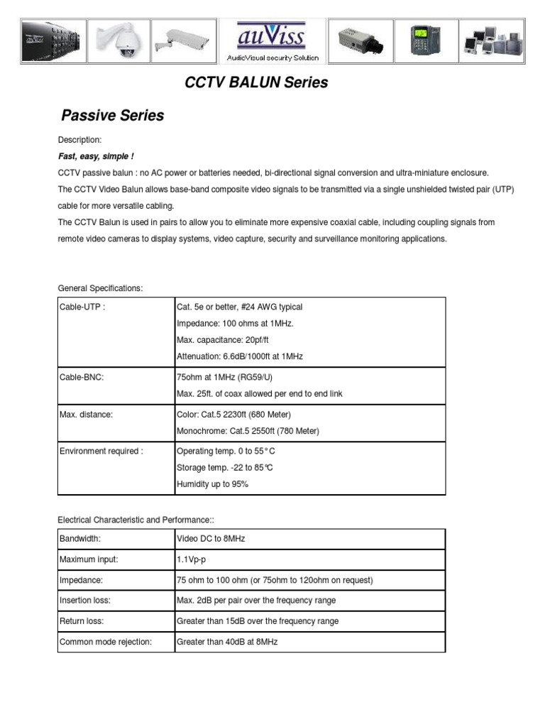 CCTV BALUN Series Datasheet 070523 | PDF | Coaxial Cable | Electric ...