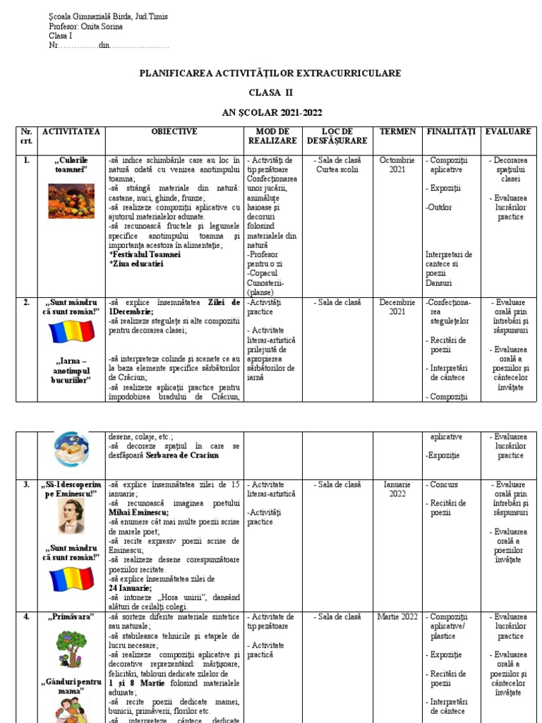 Activitati Extrascolare 20212022 | PDF