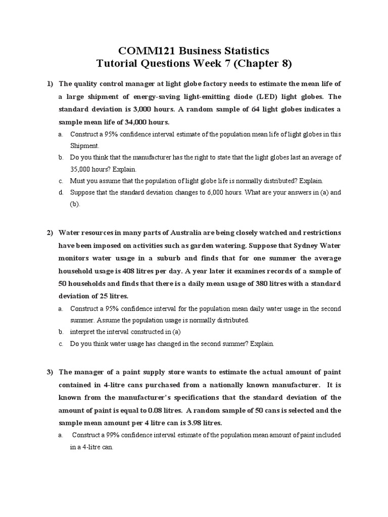 Tutorial Questions - Week 7 | PDF | Confidence Interval | Standard ...